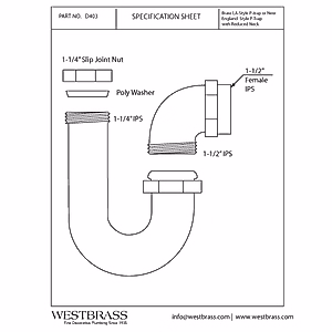 Westbrass D403LA-RAW 1-1/2 x 1-1/4" LA Code P-Trap, Unfinished