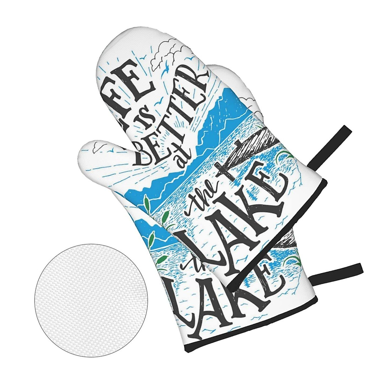 Life is Better at The Lake Pier Plants Mountains Oven Mitts and Pot Holders Sets of 4，Heat Resistant Kitchen Microwave Gloves and Pot Pads with Non-Slip Surface for Grilling Baking Cooking BBQ