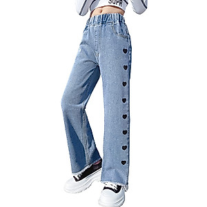 NABER Kids Girls Casual Wide Leg Denim Pants Heart Pattern Elastic Waist Jeans Size 4-14 Years (Blue2, 13-14 Years)