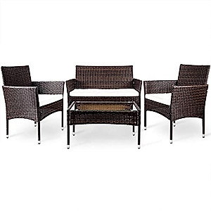 NC 4 PCS Outdoor Garden Rattan Patio Furniture Set Backyard Cushioned Seat Wicker Sofa Kit Brown
