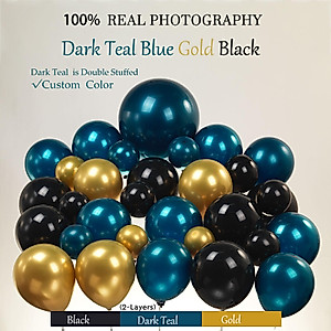 Chrome dark Teal and gold black Balloon Garland Kit 170Pcs Double-Stuffed Navy Teal Blue With Starburst Balloons for Birthday anniversary Baby Shower 2024 graduation prom Luxury shop decorations