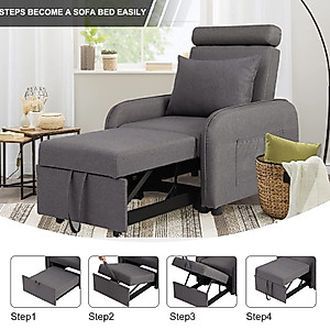 IPKIG Convertible Chair Sleeper Bed, Pull Out Sleeper Chair Armchair Bed with Foldable Wooden Tray, Linen Fabric and Wooden Frame Armchair for Small Space Living Room (Dark Grey)