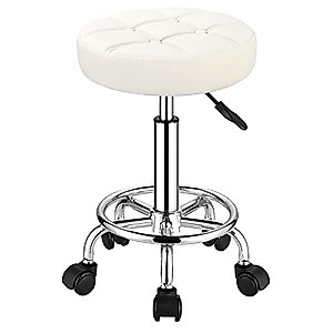 FNZIR Round Rolling Stools PU Leather Seat Height Adjustable Swivel Stool with Wheels White