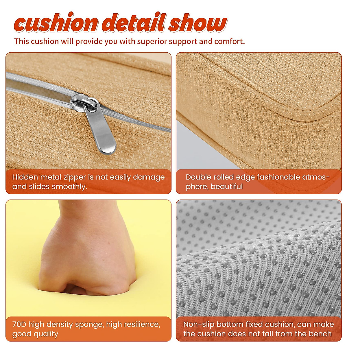 mudilun Bench Cushion for Indoor/Outdoor with Velcro Non-Slip Patio Furniture Cushions Durable Thickened Piano Chair Pads for Window Shoe Kitchen Dining Room Cushions (30x14x3, Khaki)