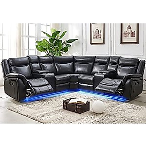 ELIASER Manual Reclining Sectional Sofa with LED Light Recliner Faux Leather L-Shaped Reclining Sectional Couch Recliner Sofa Cup Holder,USB Port,Storage Console,5 Seater for Living Room Black