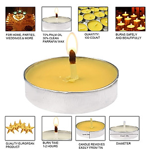 OUO Tea Lights Candles, 50 Pack Smokeless Candles,Small Candles, Dripless & Long Lasting Mini Tealight Candles for Mood, Dinners, Parities, Home, Decoration, Wedding, Crafts(Yellow)
