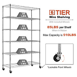 Heavy Duty Storage Shelves Hold 2100LBS Metal Shelves with Wheels Adjustable 6 Tier Wire Shelving Unit NSF Shelving for Closet Kitchen Garage Basement, 82" H x 48" L x 18" D- Chrome