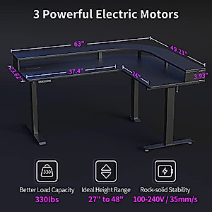 FEZIBO Triple Motor L Shaped Stadning Desk with LED Strip & Power Outrlets，63 inches Height Adjustable Stand up Corner Desk with Ergonomic Monitor Stand, Black Frame/Black Top