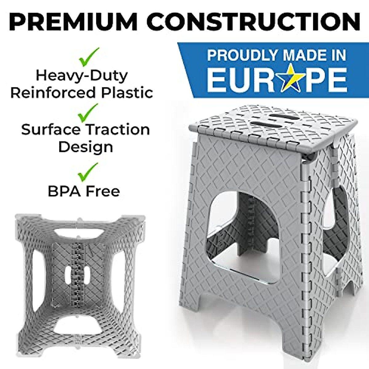 Mueller Folding Step Stool, 18 Inch Heavy Duty Step Stools for Adults and Kids, Lightweight and Portable Foldable Stool for Kitchen, Bathroom, Non-Slip and Sturdy, Holds up to 300lbs, White