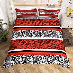 Erosebridal Red Leopard Bedding Set Twin Black White Zebra Cheetah Print Comforter Cover for Boys Girls Adults Wildlife Animal Duvet Cover Leopard Cheetah Bedspread Cover Wild Theme Room Decor 2 Pcs