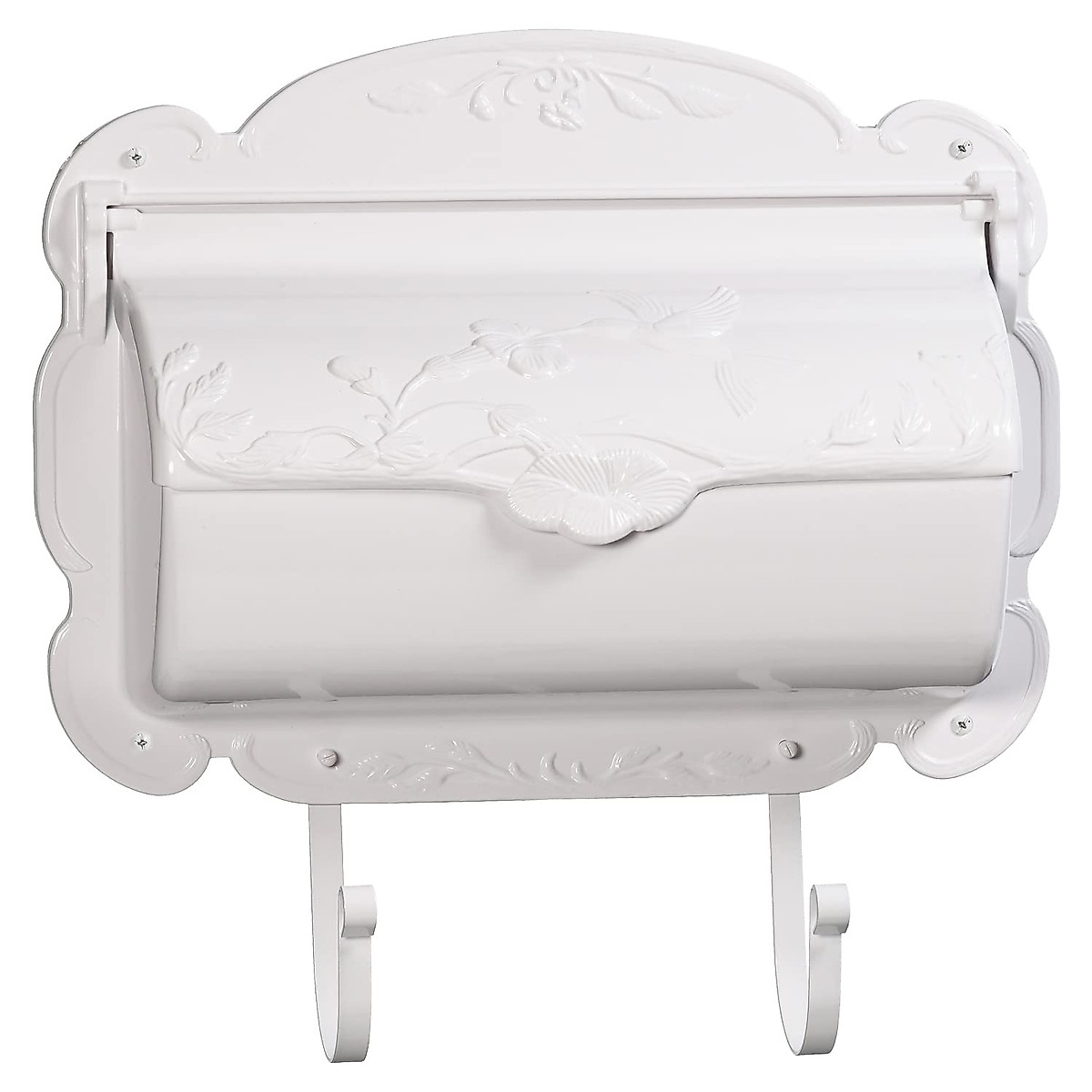 Cast Aluminum Metal Decorative Mailbox with Newspaper Hooks, Easy to Install Wall Mount, Rustproof, Heavy Duty, Hummingbird Horizontal Mail Box for Outside Porch - 17” x 5” x 12.75” (White)
