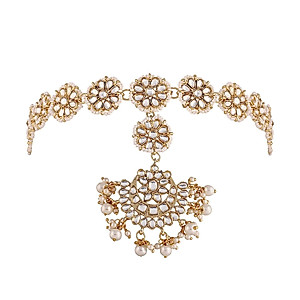 I Jewels 18k Gold Plated Indian Wedding Bollywood Floral Kundan Pearl Studded Rajasthani Sheeshphool/Mathapatti for Women (T2066W)