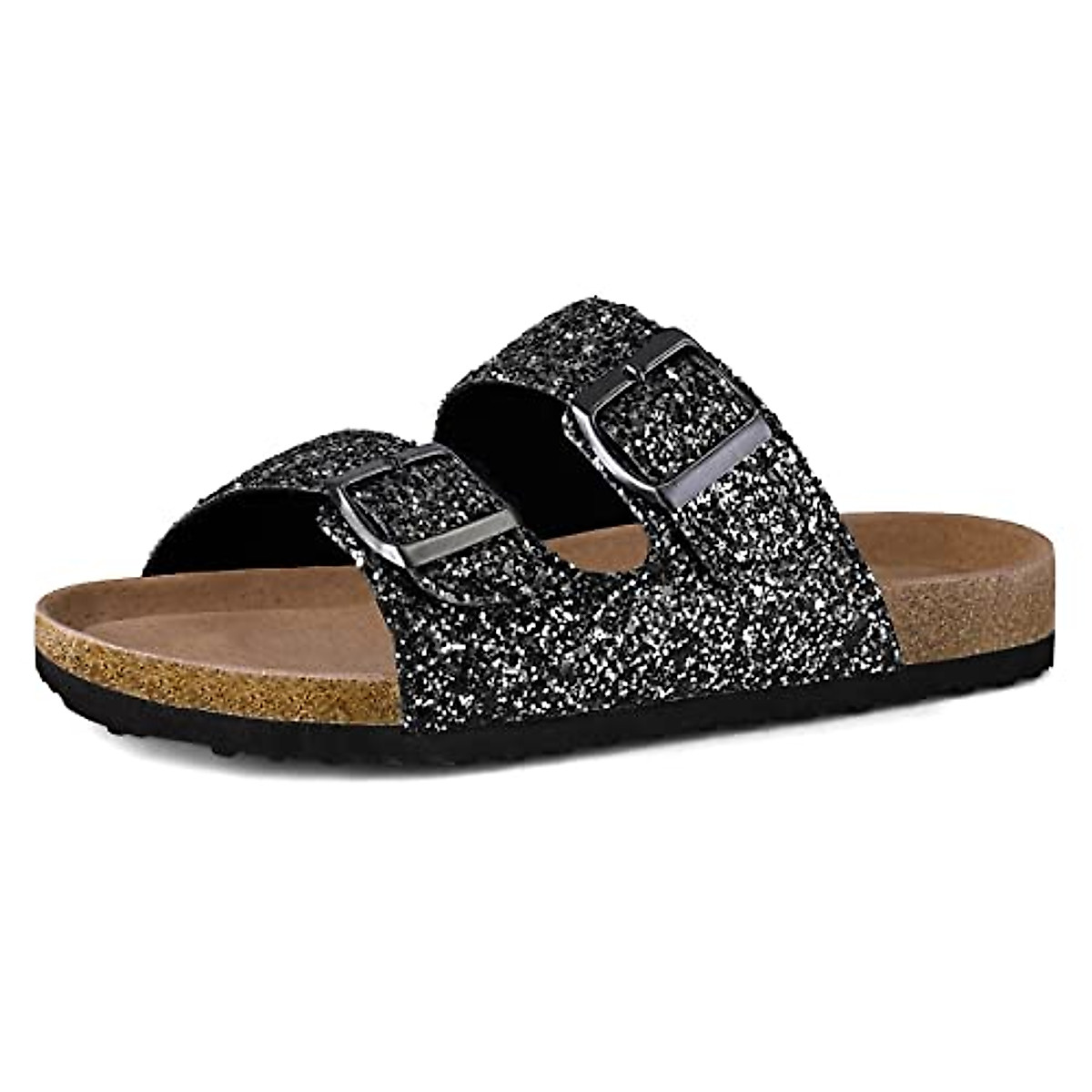 mysoft Womens Slide Sandals Cork Footbed，2 Straps Adjustable Buckle Slip on Sandals with +Comfort Arch Support