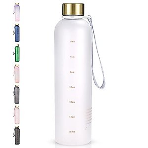 Sursip 32 oz Motivational Water Bottle with Time Marker，Reusable Water Bottle Perfect for the gym and office/Outdoors,BPA Free Frosted Plastic Bottle Leak proof with Carry Strap