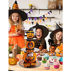 JROYJOY 3 Tier Halloween Cupcake Stand, Cupcake Tower with 16 Pcs Pumpkin Cupcake Toppers, Cake Stand for Dessert Table, Cupcake Display Stand for 24 Cupcakes Party Supplies Halloween Decorations