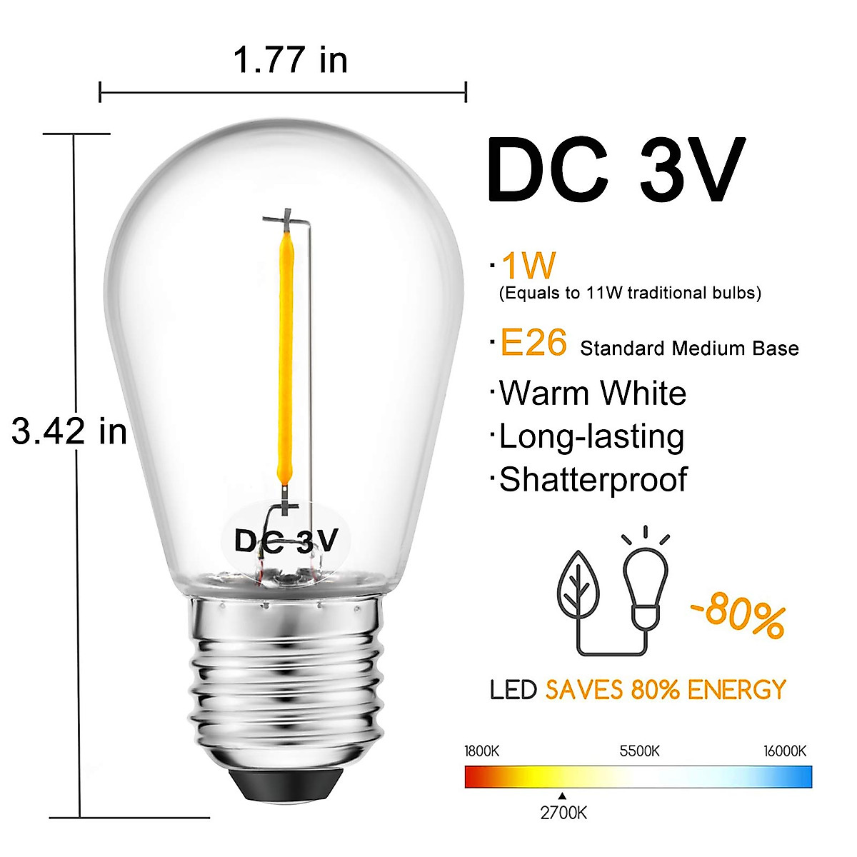 VISTERLITE LED S14 Low Voltage (DC 3V) Replacement Bulbs with E26 Base for Outdoor Solar String Lights, 15 Pack, Clear
