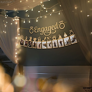 KatchOn, Gold Glitter Engaged Photo Banner - 2 String, 10 Feet, No DIY | Gold Engagement Party Decorations | Engagement Photo Banner for Bachelorette Party Decorations | She Said Yes Decorations
