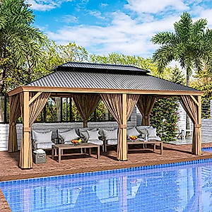 HAPPATIO 12' x 20' Hardtop Gazebo, Outdoor Wood Grain Aluminum Gazebo with Galvanized Steel, Patio Double Roof Permanent Metal Gazebo Canopy with Netting and Curtains for Backyard, Patio, Deck (Brown)