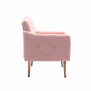 JOYBASE Mid Century Modern Accent Chair, Wood and Steel Armchair, Comfy Reading Chair, Arm Chair for Living Room, Bedroom (Pink, Faux Fur)