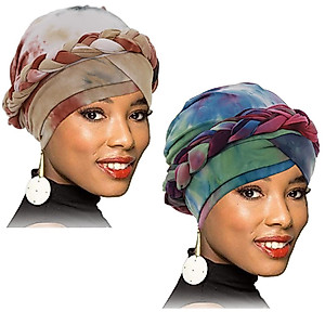 Woeoe African Turban Head Wraps Tie Dye Braid Beanie Cap Headwrap Soft Stretch Head Cover Cap Headwear for Women and Girls(Pack of 2)