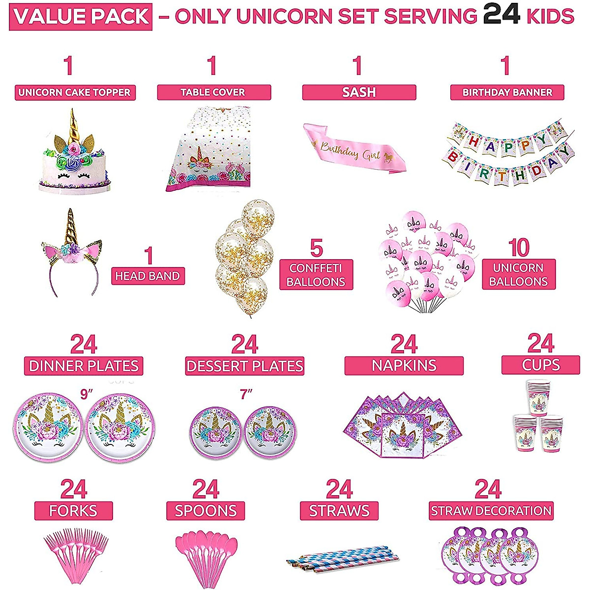 Unicorn Party Supplies Set - Serves 24 - Including Birthday Banner ,Large Tablecloth, Plates, Cups, Napkins, Straws , Headband, Sash, Unicorn Balloons & Much More.