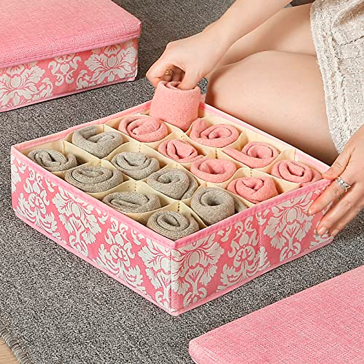 SEEKIND Storage Box, Decorative Storage Bins with Lid,6 in 1 Set,with Handles,Foldable for Space Saving Storage Boxes,for Bras，Clothes, Cosmetic,Blankets (Pink) …