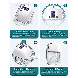 Wearable Breast Pump Hands Free, 4 Modes and 9 Levels, Pain Free and Super Quiet, Long Battery Life, Double Portable Electric Breast Pump with Memory Function, Easy Assemble/Disassemble