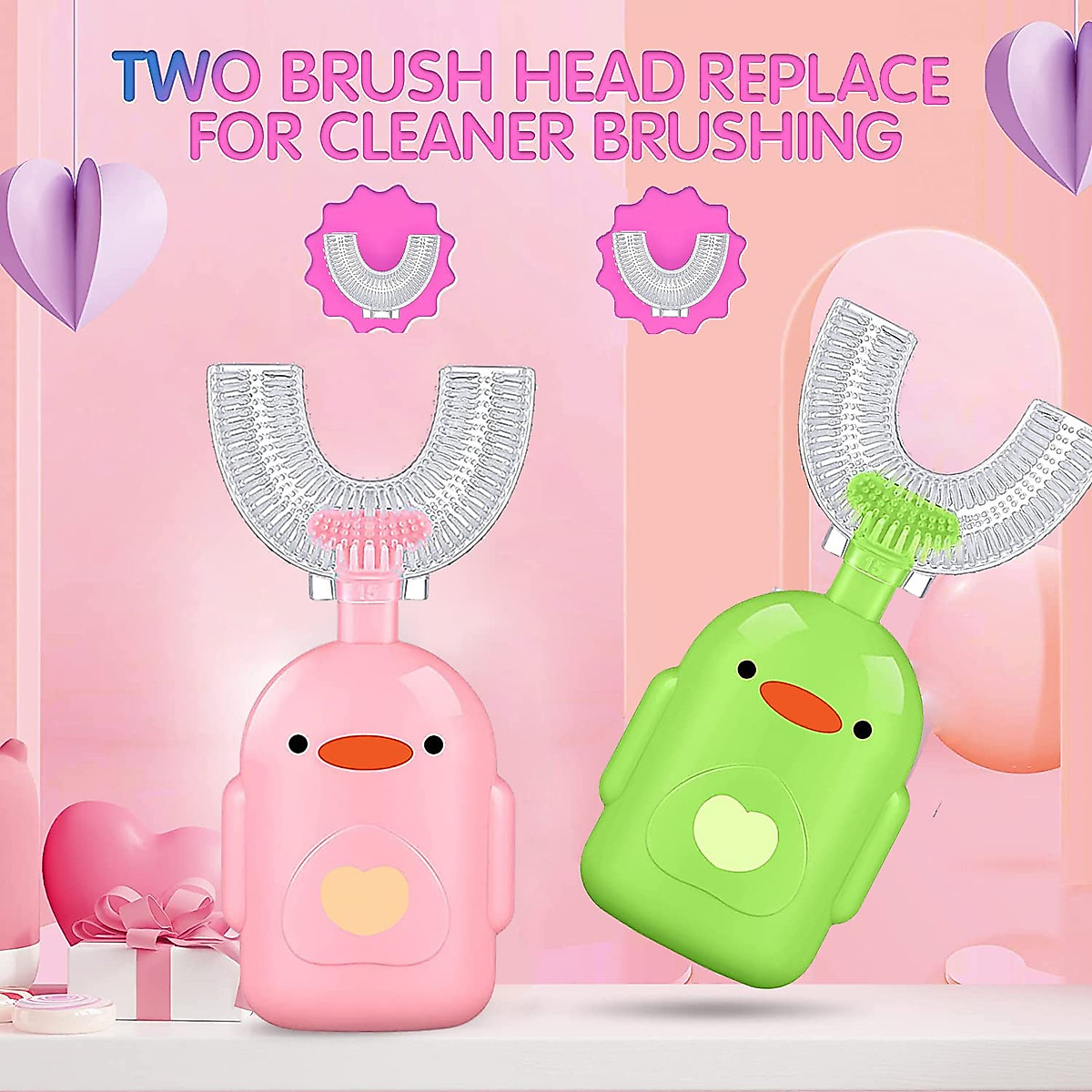 AMZVIO 2Pack U shaped toothbrush kids,Toddler Toothbrush 4PCS Replaceable Silicone Food Grade Brush Heads,Childrens Whole Full Mouth Tooth Brush for Kids Toothbrushes Age 2-8(Pink+Green)