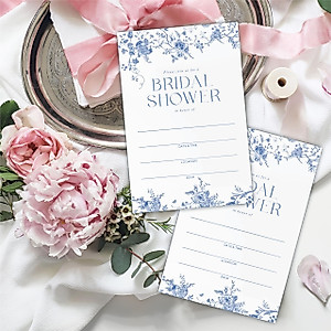DYIRBIIY 25 Bridal Shower Invitation With Envelopes - Blue Floral White Fill In Style Invitations For New Couples, Mr And Mrs, Newlyweds Invites, Party Favor & Supplies - A11