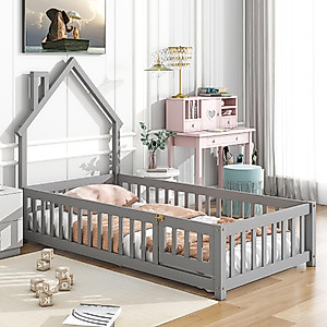 LostCat Twin Size Floor Bed Frame with Fence & Door, Montessori Floor Bed with House-Shaped Headboard, Montessori Bed for Kids Boys Girls, Easy Assembly, Grey