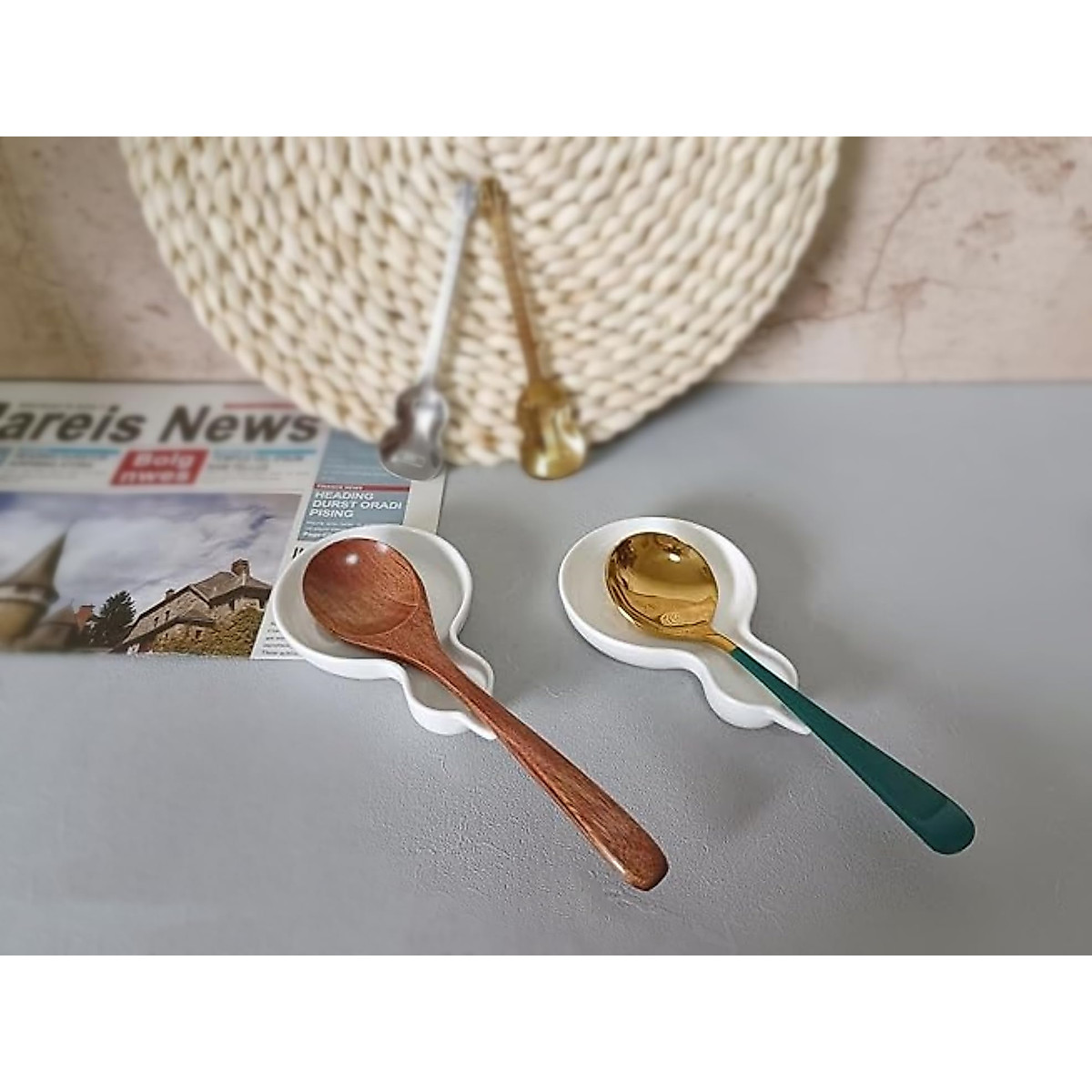 Coffee Spoon Rest for Coffee Bar Accessories, Small Spoon Rest for Coffee Station, Ceramic Tea Spoon Rest Tea Spoon Holder Teaspoon Rest (White, CAFE Pattern)