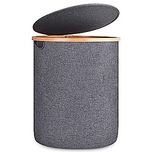 SUPDEJA 90L Laundry Hamper with Lid - Large Laundry Basket with Bamboo Handles, Dirty Clothes Hamper for Laundry, Oxford Tall Round Laundry Baskets for Bathroom and Bedroom