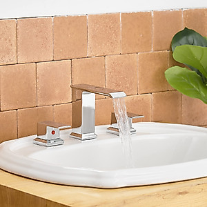 BWE Waterfall Widespread Bathroom Faucet Chrome 3 Holes with Pop Up Drain Stopper with Overflow and Supply Line Lead-Free 2-Handle Bath Lavatory Vanity Sink Mixer Tap Square