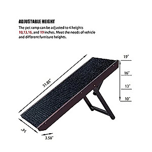 MEWANG 19" Tall Adjustable Pet Ramp - Wooden Folding Portable Dog & Cat Ramp Perfect for Bed and Car - Non Slip Carpet Surface 4 Levels Height Adjustable Ramp Up to 90 Pounds - Small Dog Use Only