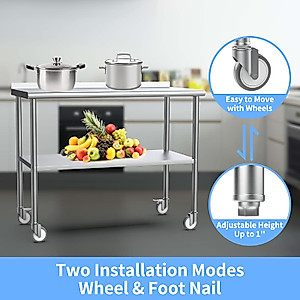 ROVSUN 30' x 24'' Stainless Steel Table for Prep & Work,Commercial Worktables & Workstations, NSF Heavy Duty Metal Table with Wheels & Backsplash for Kitchen, Restaurant,Home,Hotel