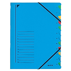 Leitz A4 Divider Book, Holds Up to 200 Sheets, 12 Compartments, Elastic Closure, Blue, Office Range, 39120035