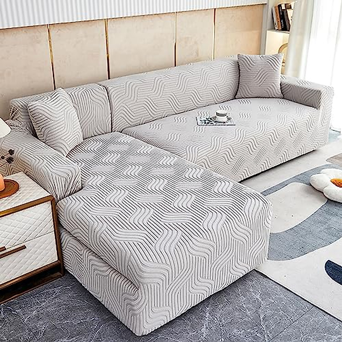 GUYIRT Jacquard Pattern Sectional Couch Cover, Solid Color Washable L Shape Sofa Covers, 2 Pieces Couch Slip Cover for Kids Pet Cat-Blue-2 Seater+4 Seater