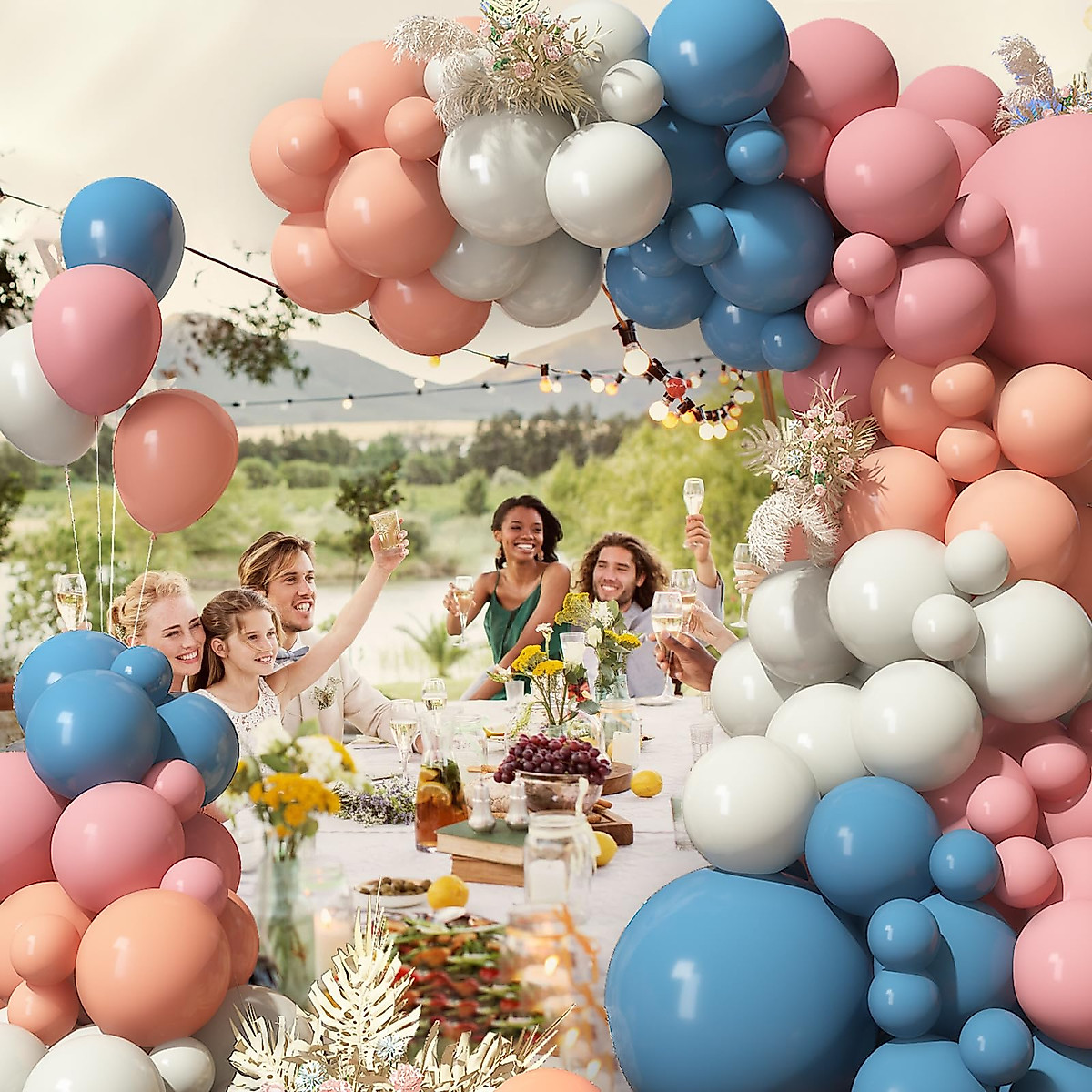 Dusty Pink Blue Balloon Arch Kit, Slate Blue Pink Sand White Balloon Garland Kit, Blush Nude Cream Balloons for Baby Shower Birthday Christening Baptism Boho Bridal Shower Anniversary Party Decoration