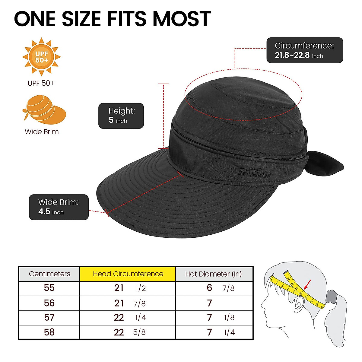 Simplicity Black Sun Hat 2 in 1 UPF 50+ Sun Protective Beach Visor Hat Garden Hats for Women Black