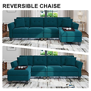 Belffin Convertible Sectional Couch Velvet L Shaped Sofa 4 Seat Sofa with Chaise L-Shaped Couches Reversible Sectional Sofa Peacock Blue