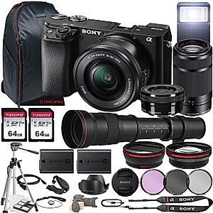 Sony a6100 Mirrorless Camera w/E PZ 16-50mm f/3.5-5.6 OSS Lens + E 55-210mm f/4.5-6.3 OSS Lens + 420-800mm f/8.3 HD Lens + 2X 64GB Memory, Case, Filters, Tripod, More (35pc Bundle)