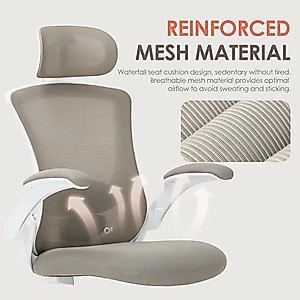 Ergonomic Mesh Office Chair, High Back Executive Desk Chair with Adjustable Headrest and Lumbar Support, Flip-Up Arms, Rocking, Swivel Rolling Computer Mesh Chair for Home Office-Khaki