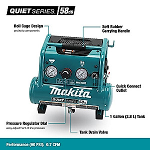 Makita MAC100Q Quiet Series, 1/2 HP, 1 Gallon Compact, Oil-Free, Electric Air Compressor