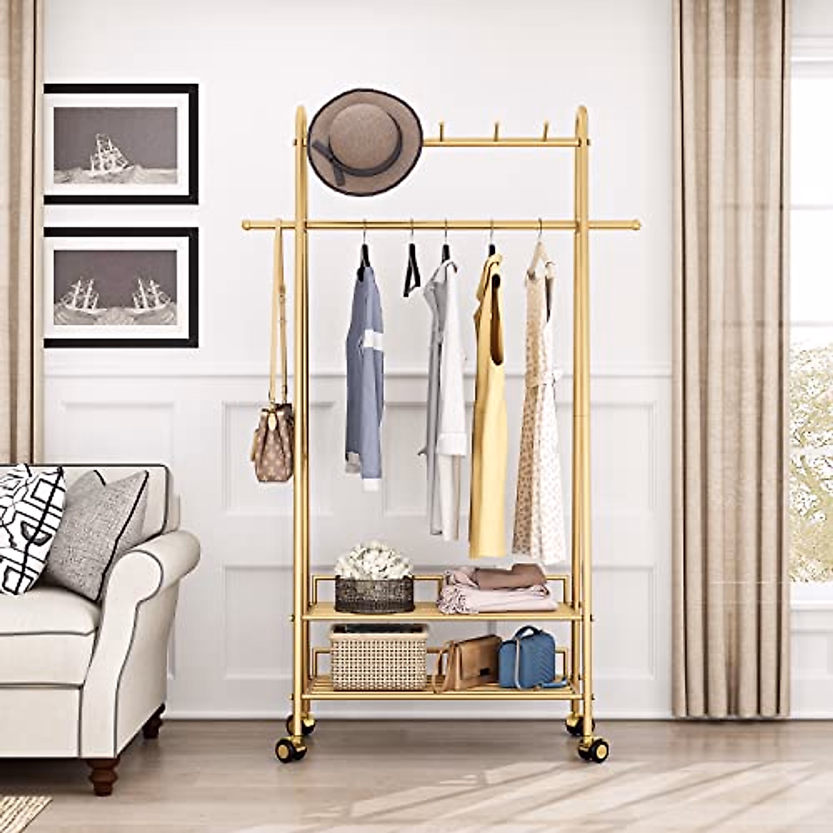 TIEOU Rolling Gold Clothing Rack, Gold Clothes Rack Heavy Duty, Clothing Rack for Hanging Clothes, Modern Clothing Rack, Coat Rack Stand, Gold Clothing Rack, Garment Rack, Pipe Clothing Rack, Gold