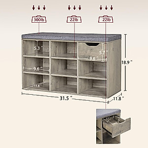 DINZI LVJ Shoe Bench, Entryway Storage Bench with Drawer and 8 Cubbies, Cubby Shoe Rack with Adjustable Shelves, Shoe Organizer Cabinet for Living Room, Bedroom, Mudroom, Closet and Garage, Grey Wash