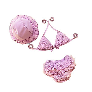 Bebone Baby Girls Lace Bowknot Strap Bikini with Hat (Yellow, 6-12M)