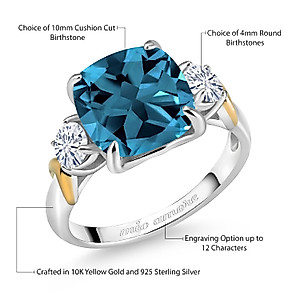 Gem Stone King 925 Sterling Silver and 10K Yellow Gold Customized and Personalized 10MM Cushion Cut and 4MM Round Gemstone Birthstone 3 Stone Name Engraved Ring For Women (Size 6)