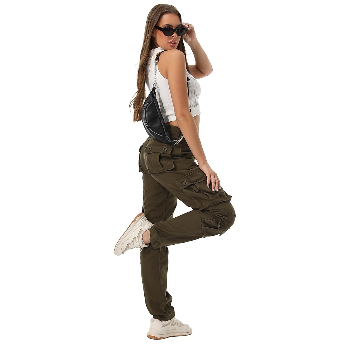 Raroauf Tall Girls Casual Pants for Women's Mid-Rise Cotton Work Cargo Pants Y2K Baggy Tactical Combat Trousers 8 Pockets Army Green Size 38/US 16