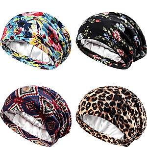 Geyoga 4 Pcs Silk Satin Bonnet for Sleeping Women Bonnet Hair Wrap Sleep Cap Double Layer Sleeping Bonnet Slouchy Beanie Hat(Black, Blue and Wine Red, Leopard, Blue and Pink)