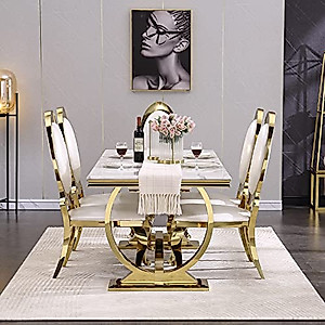 ACEDÉCOR Modern Dining Room Table with Gold Stainless Steel Metal U-Base in White Gold